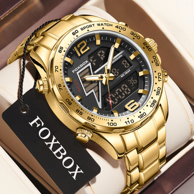 FOXBOX Watches For Men Original Quartz Stainless Steel Waterproof Gold ...