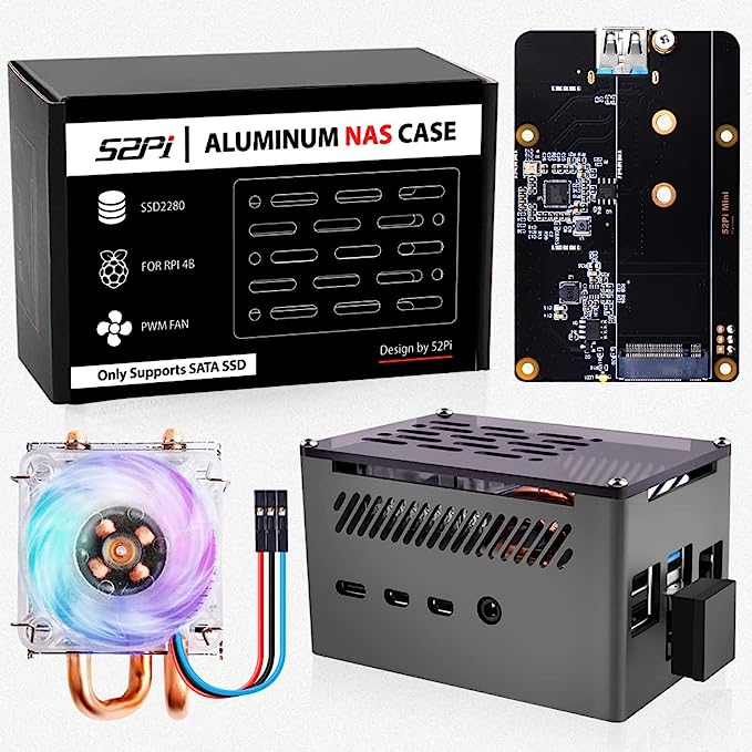 52Pi Raspberry Pi 4 Aluminum NAS Case with ICE Tower Cooler and M.2 SATA SSD Adapter Board ...