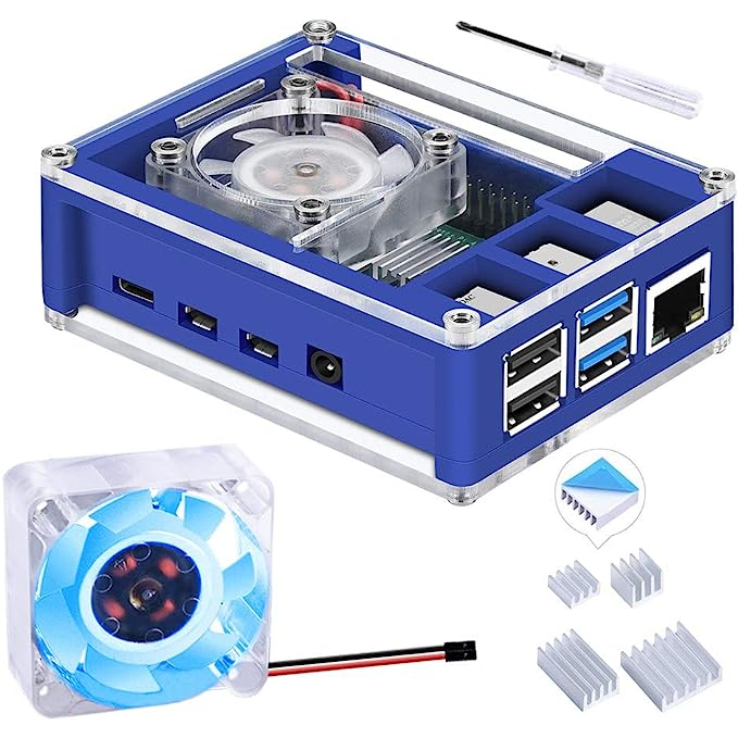 52Pi Raspberry Pi 4 Case, Raspberry Pi 4 Case with Fan 40X40X10mm (Blue Backlight) and 4pcs ...