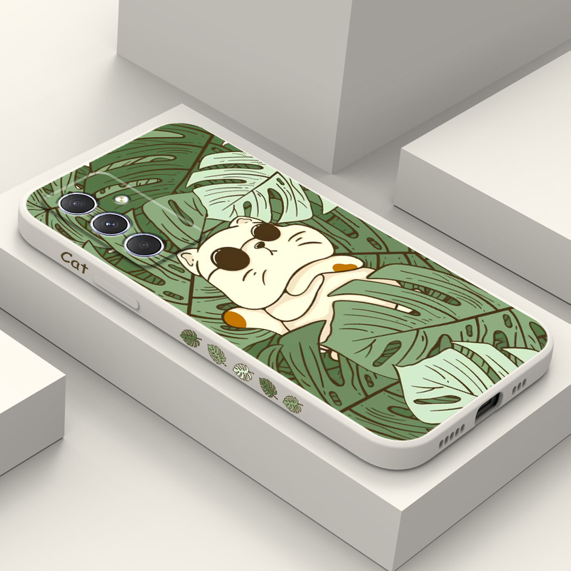 Leafy Bush Cat Phone Case For Samsung Galaxy A54 A34 A24 A14 A04 A04S A04E 4G 5G Liquid Silicone ...
