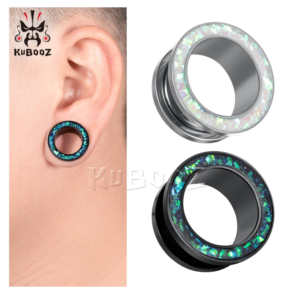 KUBOOZ 2PCS Stainless Steel Opal Hollow Ear Expander Tunnels Plugs ...