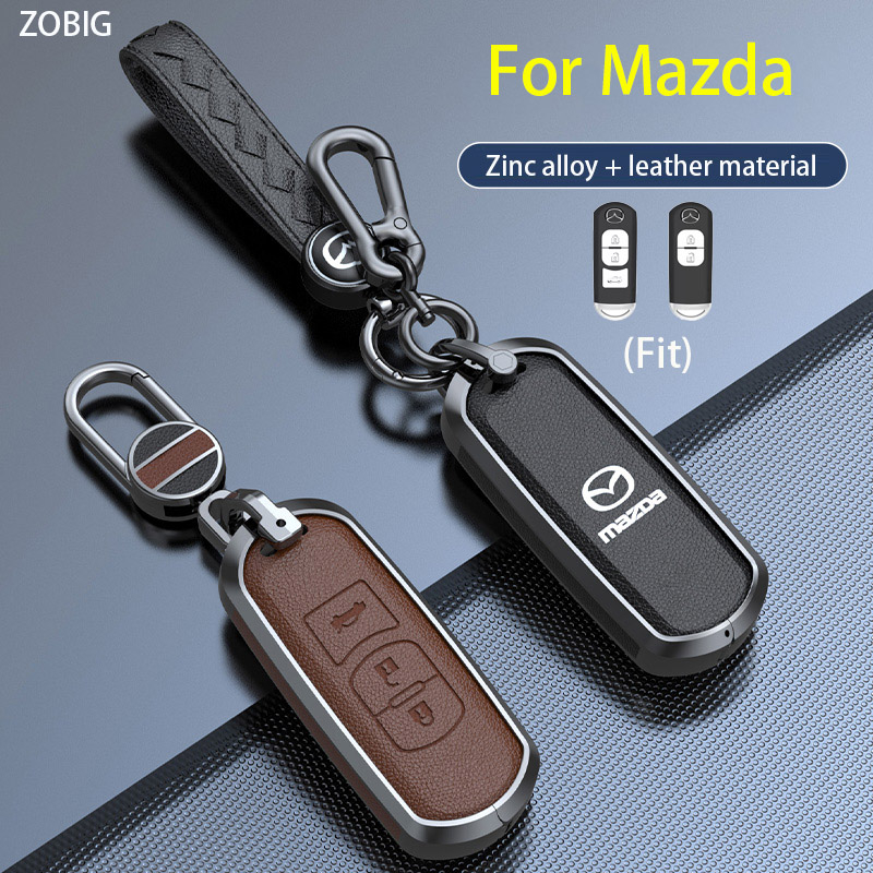 ZOBIG Zinc alloy+ Leather Key Fob Cover for Mazda Car Key Case Shell ...