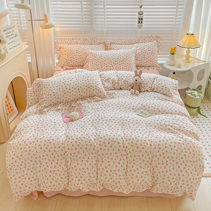 Cherry Washed Double Layer Yarn Ruffle Edge 3/4in1 Bedding Set Bedsheet ...