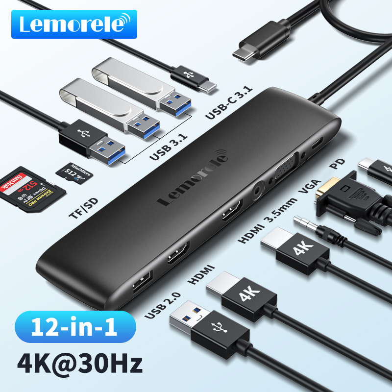 Lemorele TC97 USB C Hub 12-in-1 Adapter HDMI 4K USB Ports SD/TF Audio ...