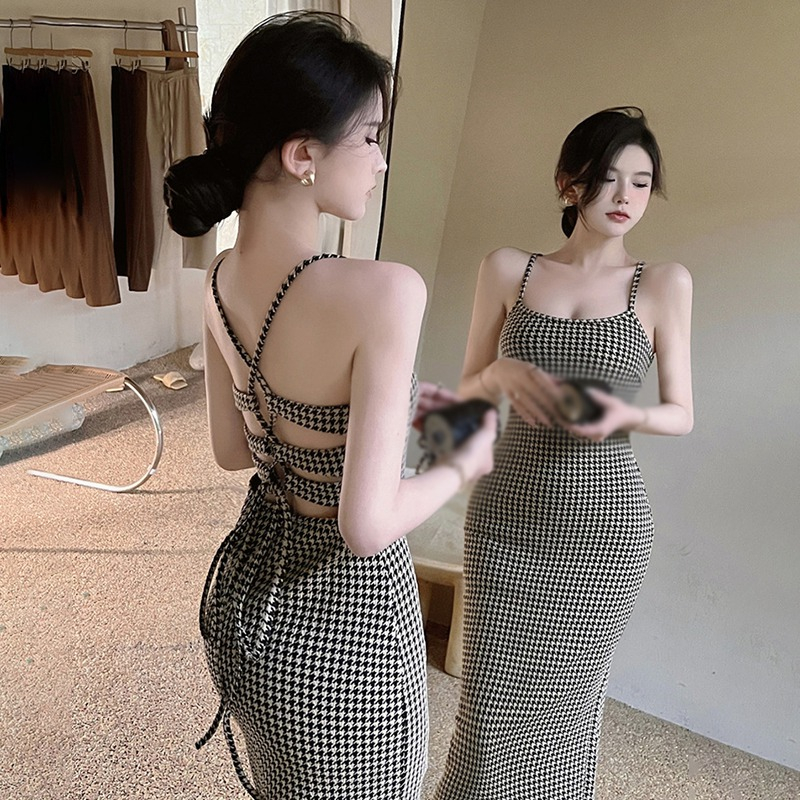 Womens Halter Dress Bandage Backless Hollow Out Split Temperament Slim Sexy Plaid Dresses