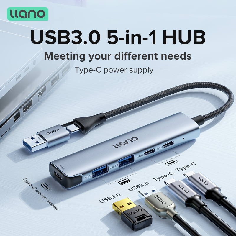 LLANO USB 3.0 5 in 1 Hub, USB C Adapter Power Supply, 2 USB Data Ports ...
