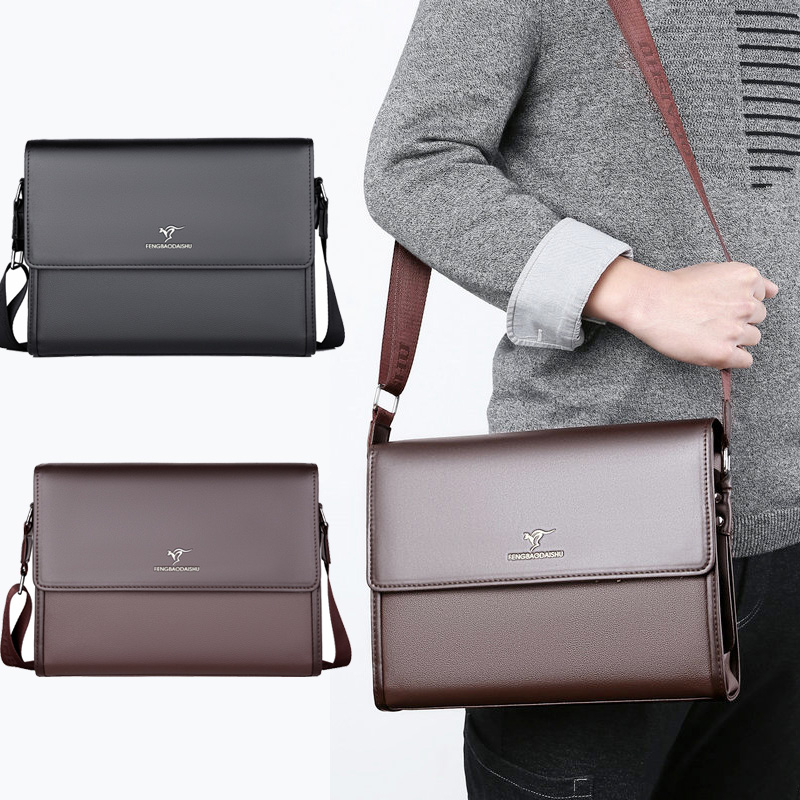 Men's horizontal leather bag business briefcases office Laptop shoulder ...