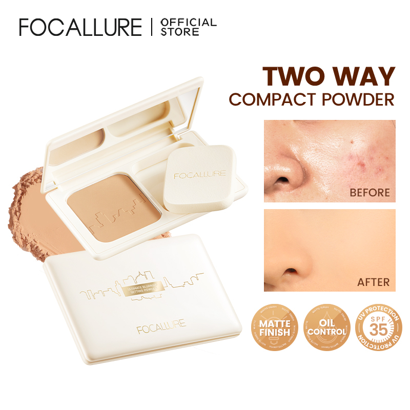 FOCALLURE Oil Control Matte Compact Powder High Coverage Dry & Wet Two ...