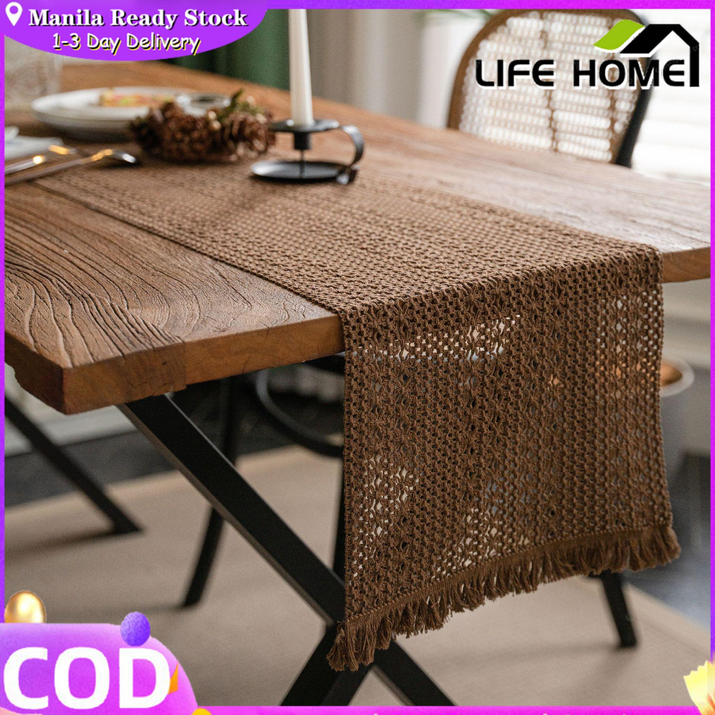 Table Runner Rectangle 4/6/8 Seater Cotton Linen brown Tassel ...