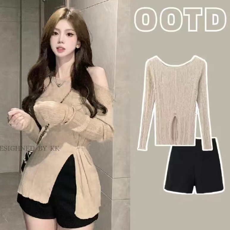 Cloud4d-Spice Girl Off Shoulder Long Sleeve Knitted Undercoat Women's Black Sexy Irregular Slim ...