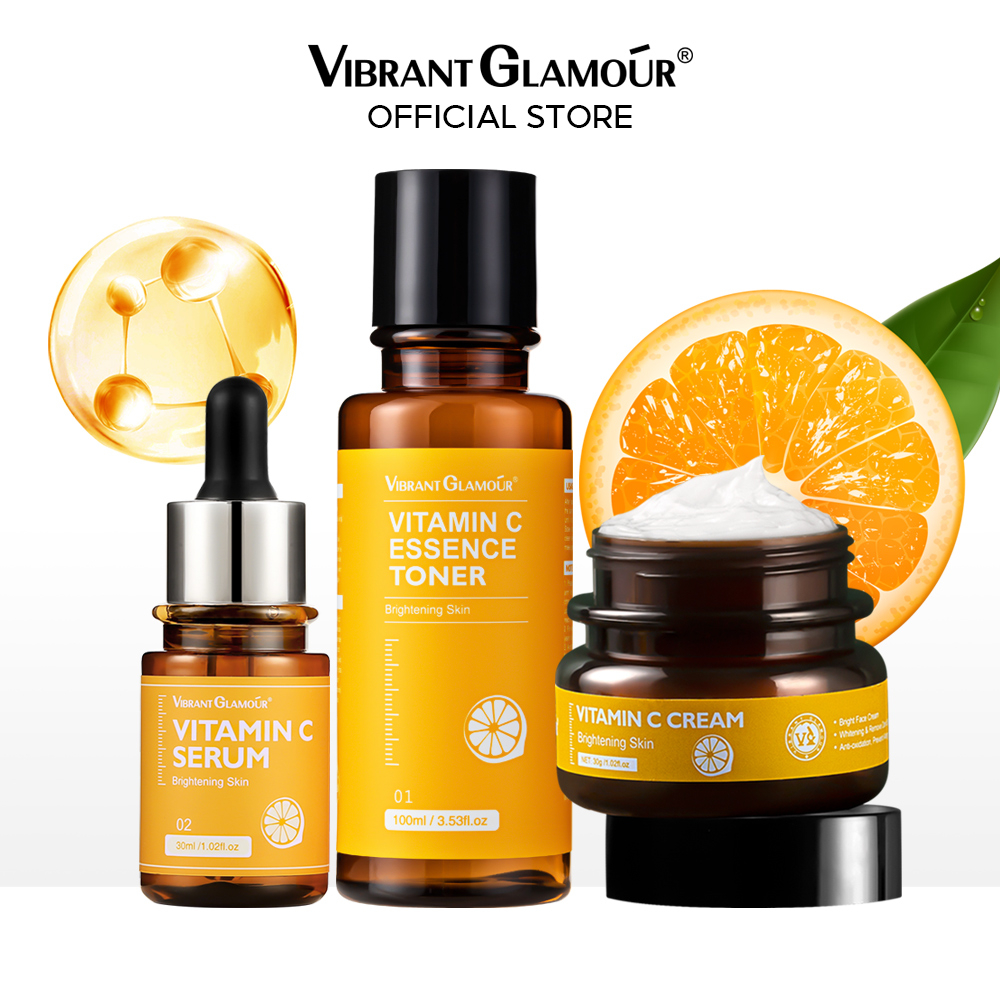 VIBRANT GLAMOUR Vitamin C Whitening Set VC Facial Essence Toner + Serum +Cream Fading Dark Spots ...