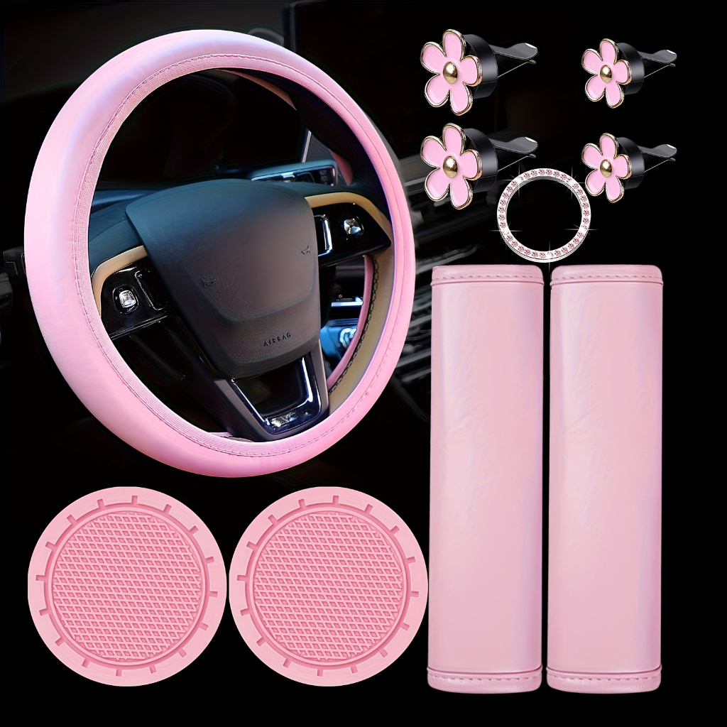 10 Pieces Barbie Pink Car Decoration for Women，Steering Wheel Cover+Car ...