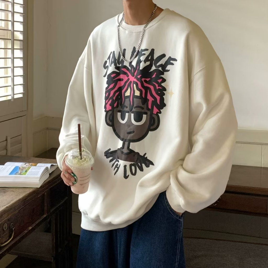 High Street Round Neck Sweatshirt Men M-5XL Two Colors American Retro Printed Pullover ...