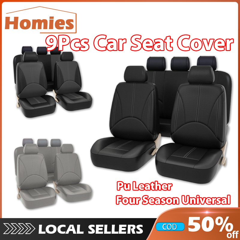 9Pcs PU Leather Car Seat Cover Universal Full Set Front Rear Seat Mat ...