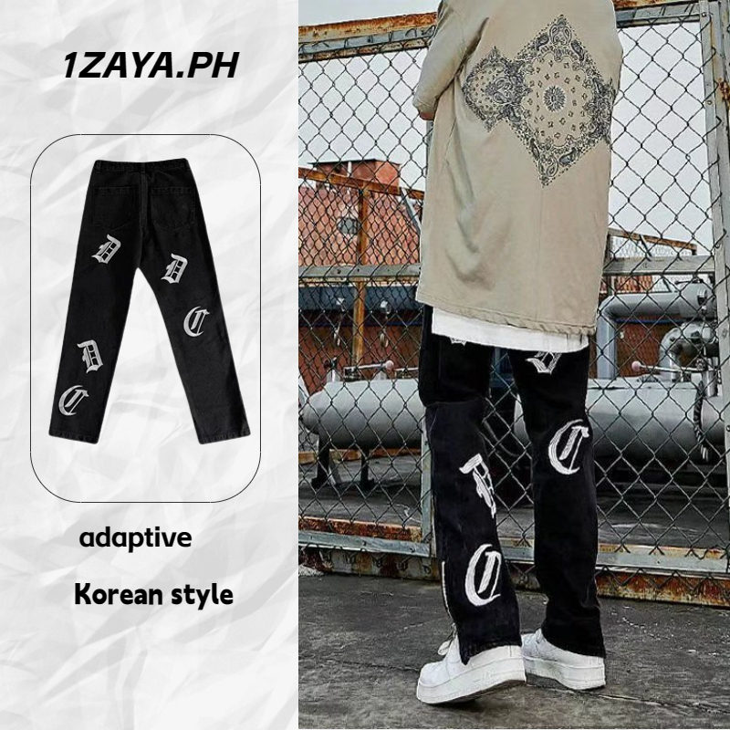 Musical Note Embroidery Aesthetic Loose Jeans For Men Zipper High ...