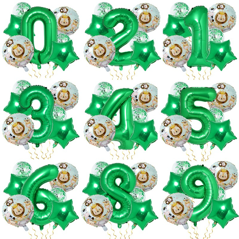 Animal Theme Number 0-9 Green Foil Balloons with Stars Blaoons Birthday ...