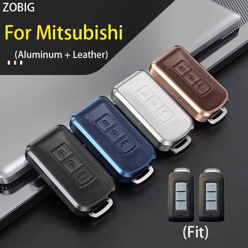 ZOBIG Aluminum + Leather Key Fob Cover with Keychains for Mitsubishi ...
