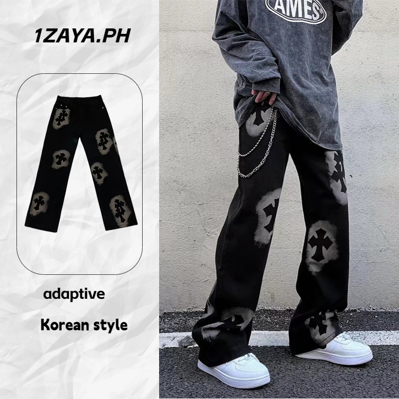 【S-3XL】Cross Print High Street American Denim Pants For Men Straight ...