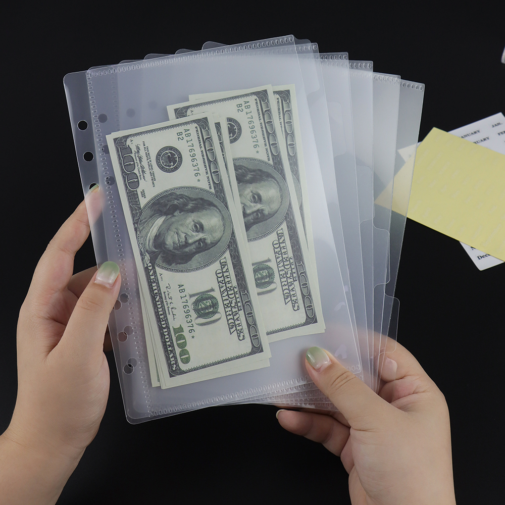 A5/A6/A7 6 Tabs Clear PP Cash Envelopes Dividers Zipperless Loose Leaf 6 Hole Money Envelopes ...