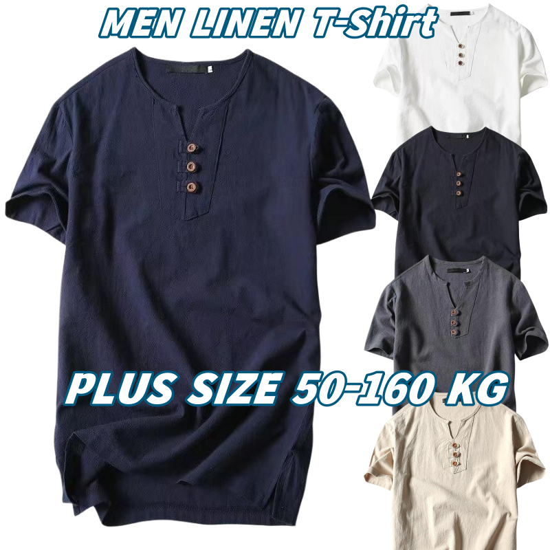 Plus Size L-9XL Men's Plain Kurta Cotton Linen Short Sleeve Shirt Casual T-shirt Muslimah Raya ...