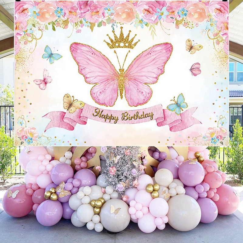 1*1.5M Polyester Pink Butterfly Birthday Backdrop Happy Birthday Banner ...