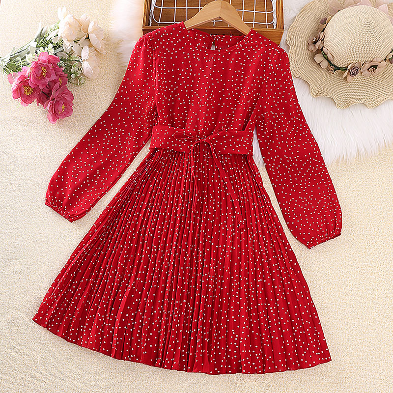 SIYYIS Kids Pleated Dress For Girls 8-9 Years Red Color Polka Dotted ...