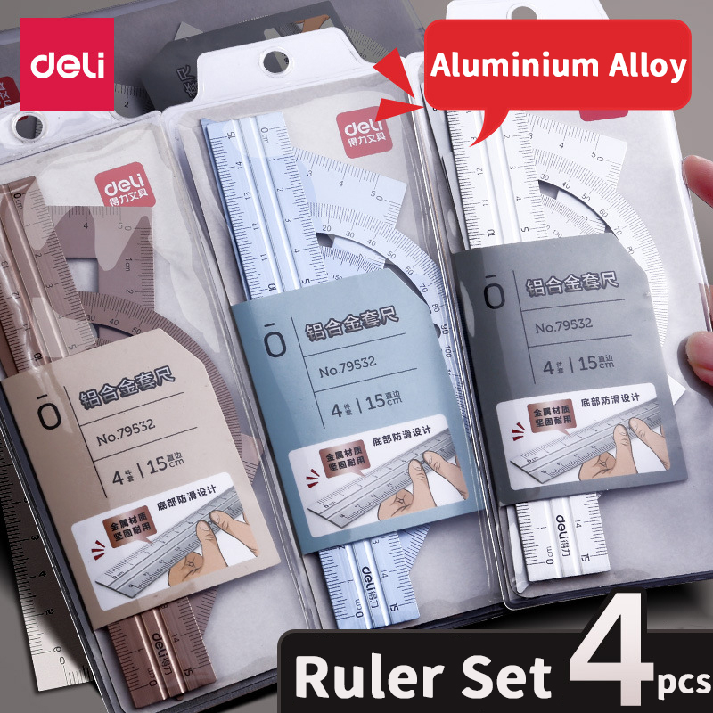 Deli 4pcs/set Aluminium Ruler Set Metal Geometry Maths Drawing Draft ...