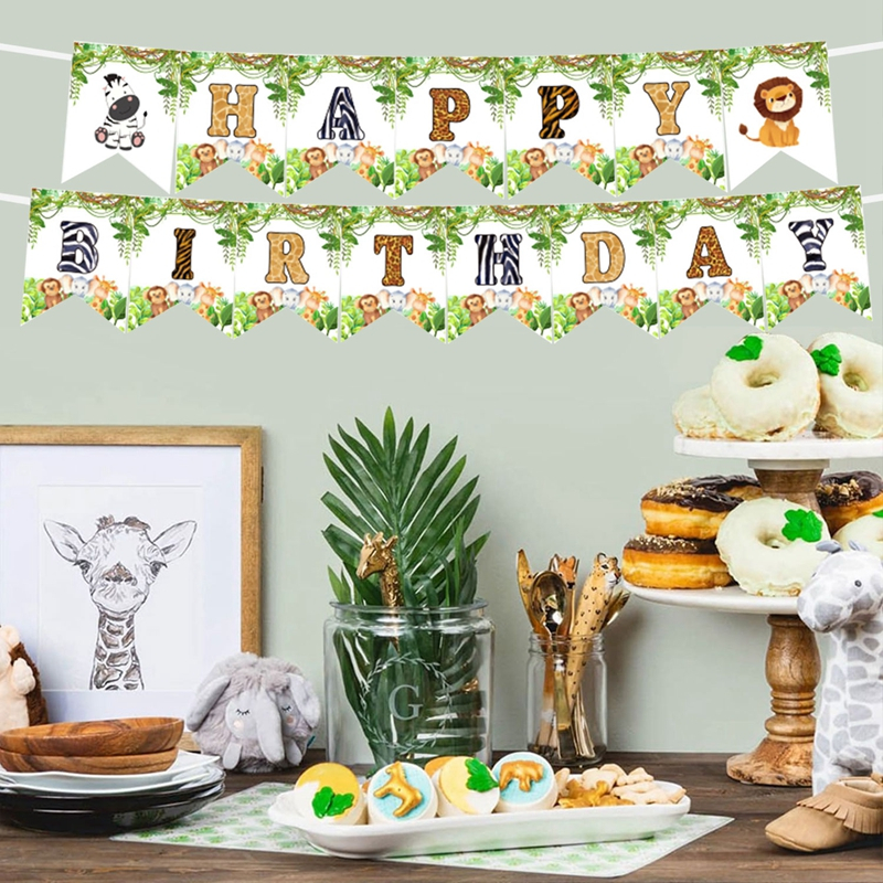 Jungle Safari Birthday Banner Wild One Paper Backdrop Party Decorations ...