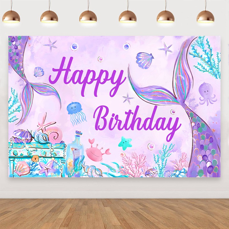 150CM Mermaid Theme Happy Birthday Banner Purple Little Mermaid Tail ...