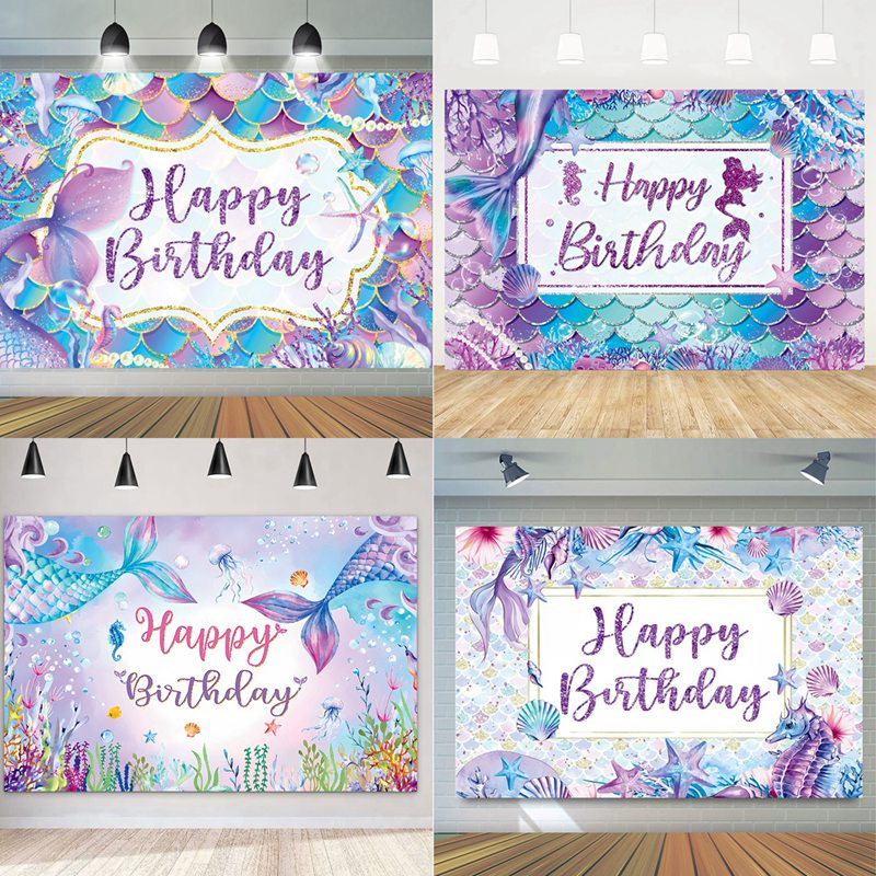 150*100cm Polyester Mermaid Theme Backdrop Happy Birthday Banner ...