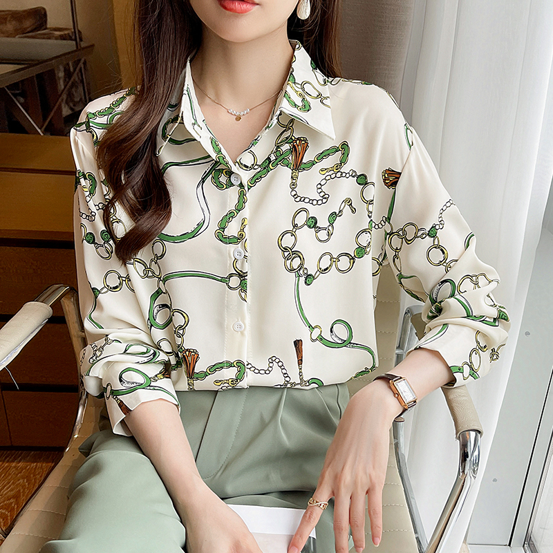 New Chain Printed Chiffon Top Long Sleeve Shirt Women's Formal Top Plus ...