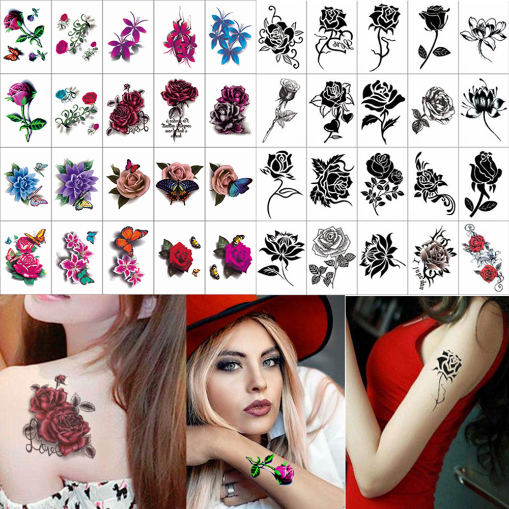 3D Hottie Waterproof Rose Butterfly Letter Tattoo Stickers Women ...