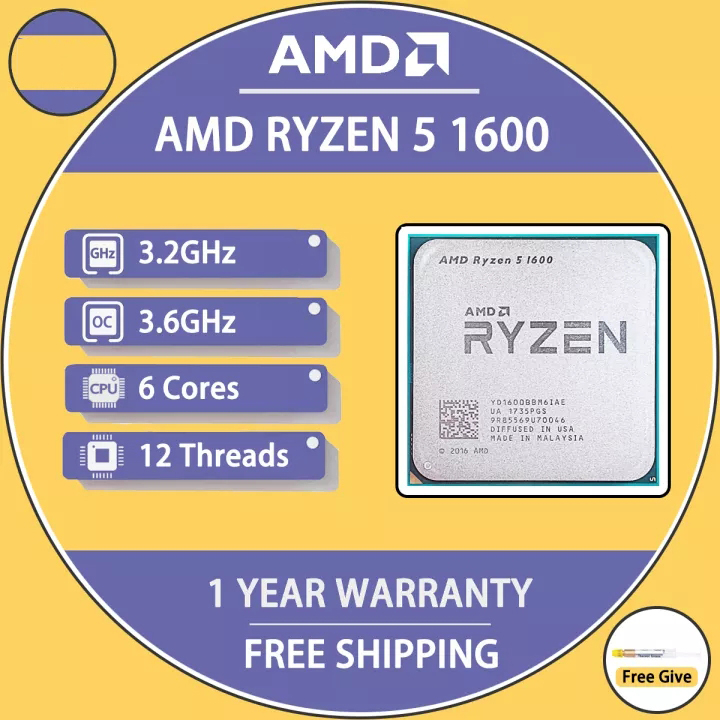 AMD Ryzen 5 1600 R5 1600 3.2 GHz Six-Core Twelve Thread 65W CPU ...