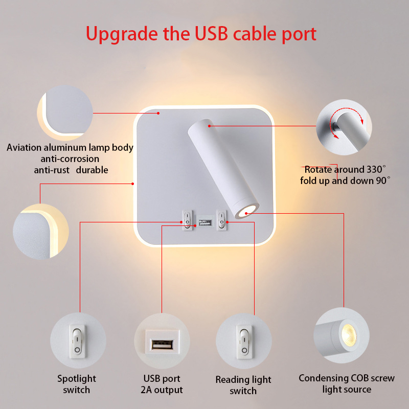 3W 8W front light backlight 350 degree rotating adjustable wall lamp ...