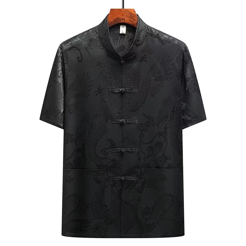 Men's Tang Tops short Sleeve Dragon Kung Fu Suit High Quality Silk Wu ...