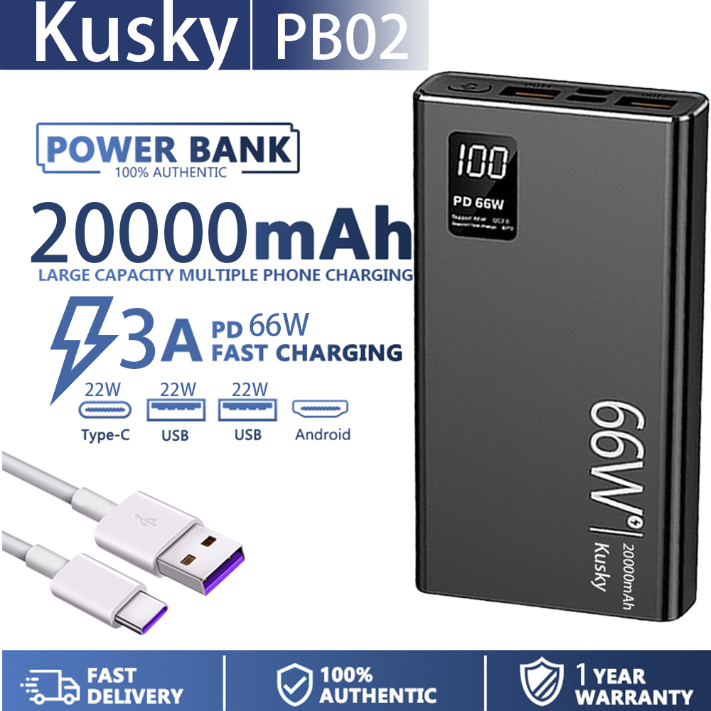 Kusky 20000mah 3A PB02 powerbank PD 66W 3port 22W Fast Charging LED ...
