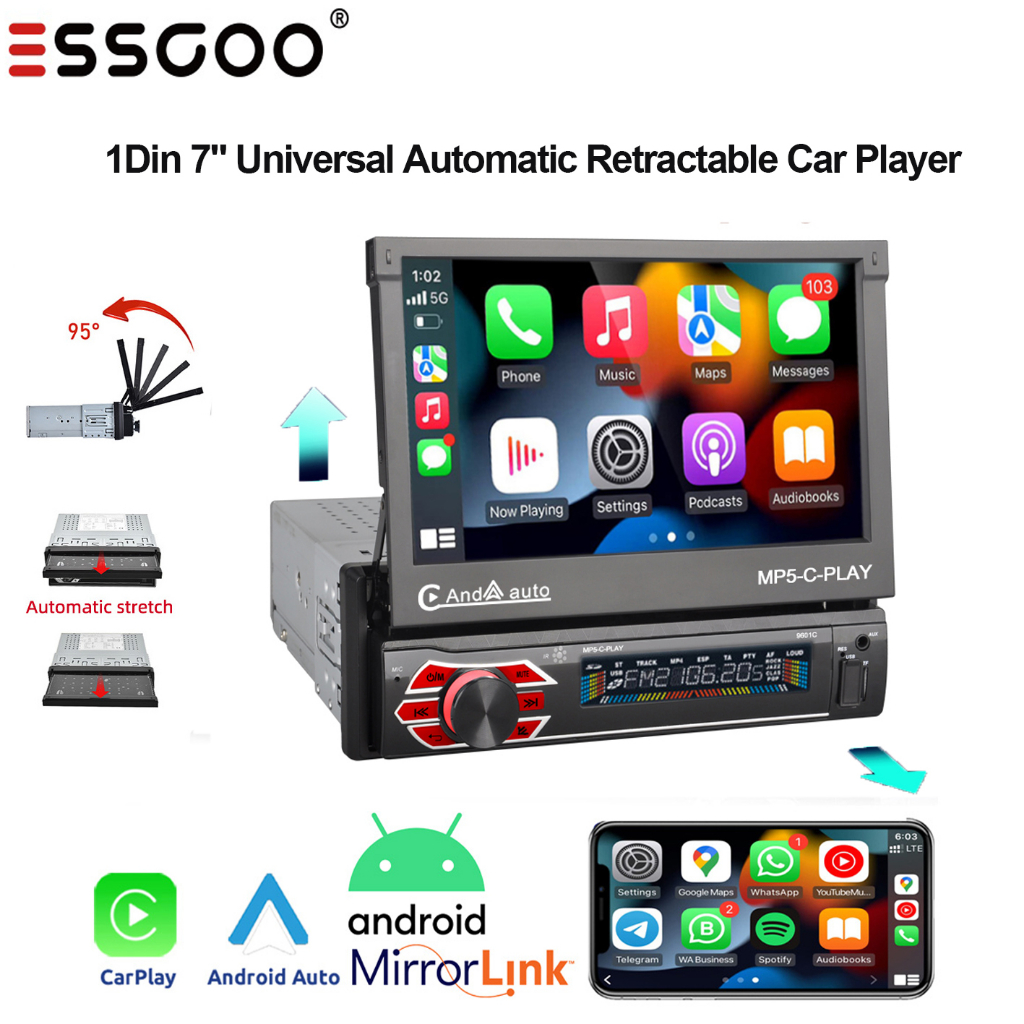 ESSGOO 1Din 7" Universal Automatic Retractable Car Stereo Multimedia Video Player Bluetooth ...