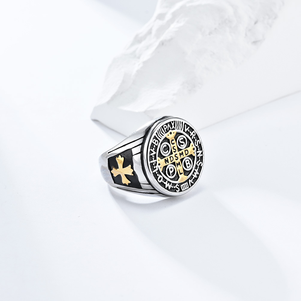High-quality Fashion 18K Pure Silver Gold-Plated St. Benedict Ring Retro Colorfast Benedict of ...