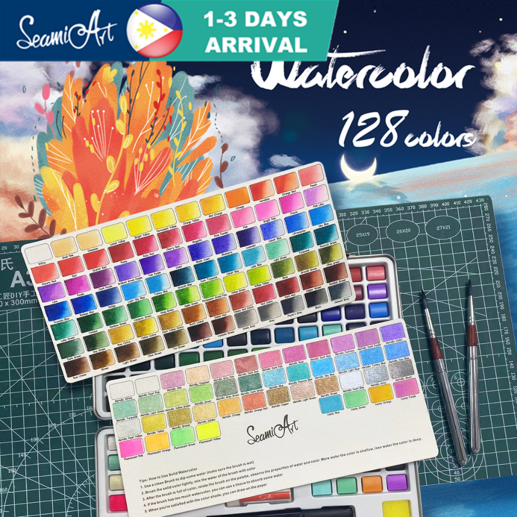 Seamiart 128 Colors Basic Metallic Solid Watercolor Gift Set with ...