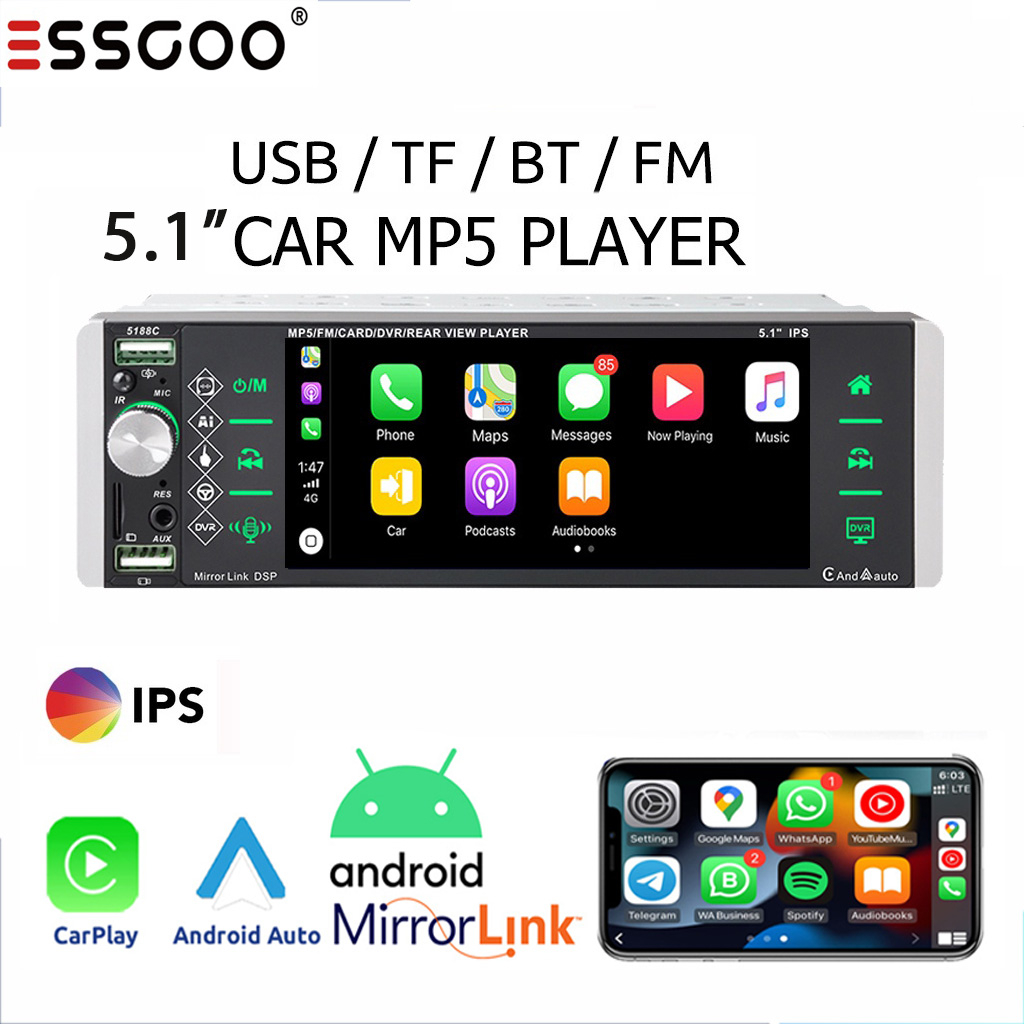 ESSGOO 1 Din Car Stereo 5.1 inch Radio MP5 Player carplay ips screen mirror link universal 5188C ...