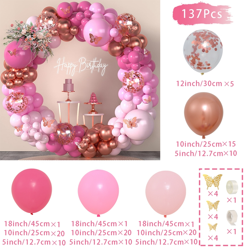 137pcs Light Pink Balloon Set Golden Butterfly Decoration Metallic Rose ...