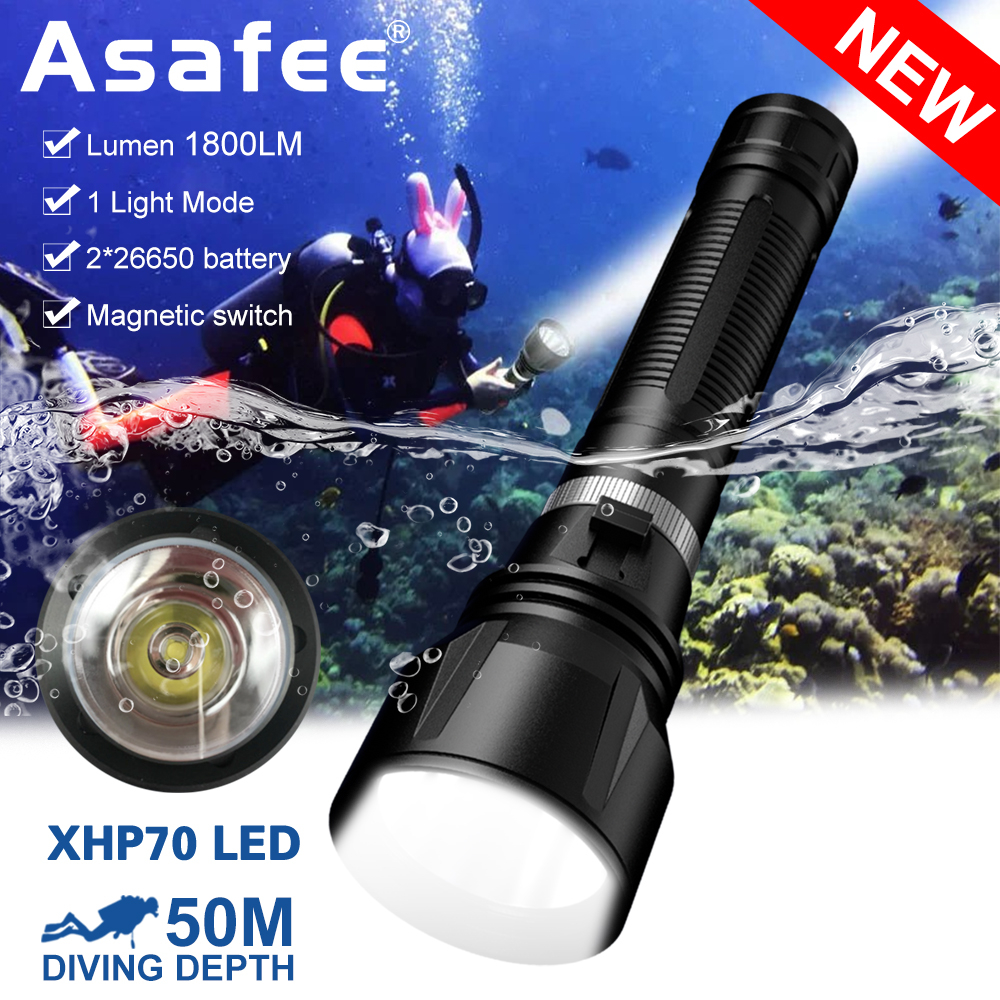 Asafee D858 XHP70 LED Super Bright Diving Flashlight Torch Safety Light ...