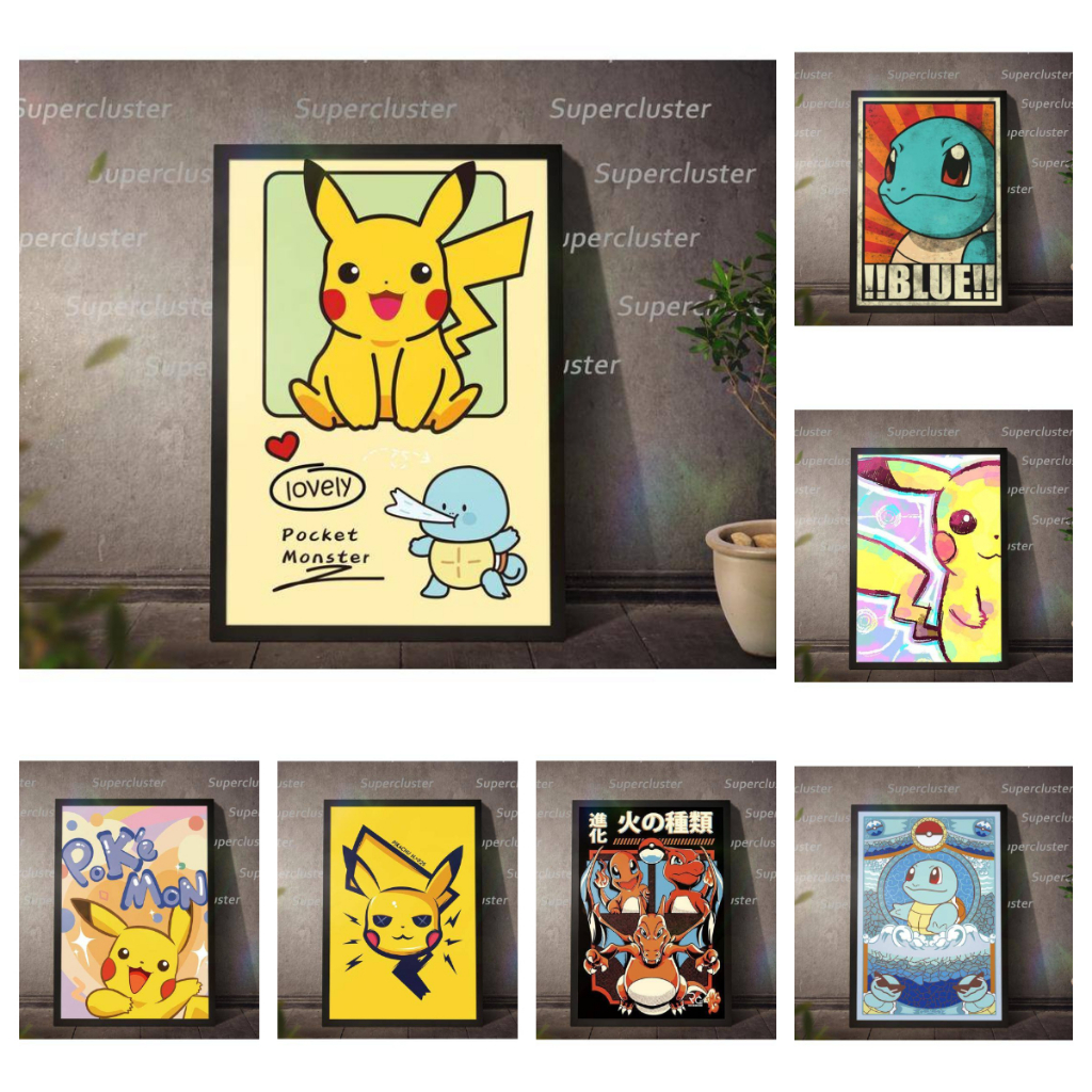 Pokemon Canvas Painting Aesthetic Color Pikachu Poster Combo Set Wall ...