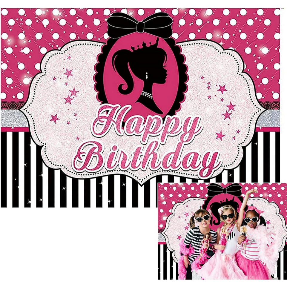 Princess Barbie Backdrop for Birthday Party Black and White Stripe ...