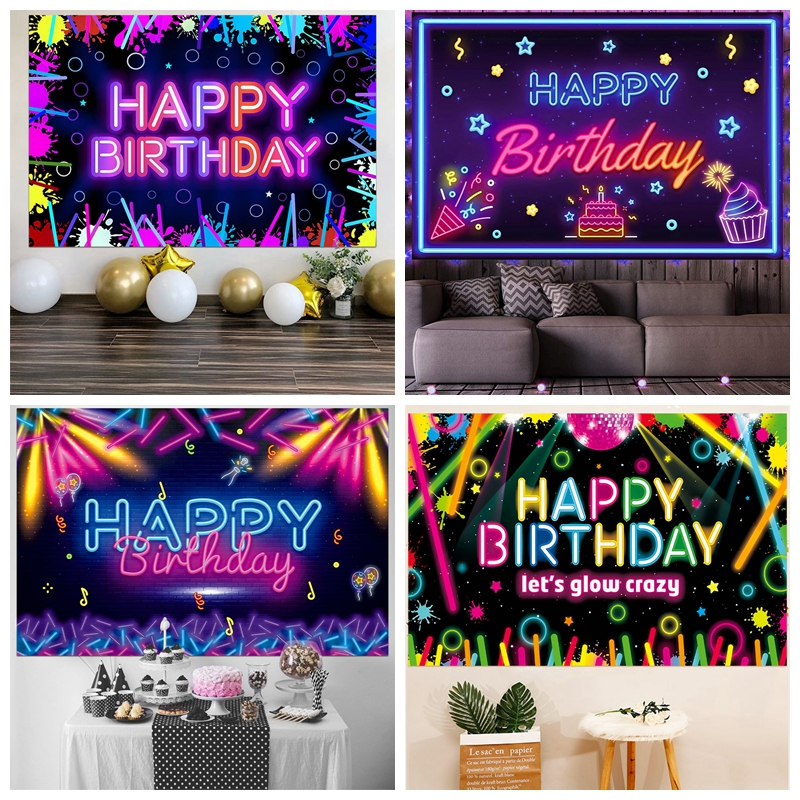 100*150cm Neon Birthday Backdrop Curtain Colorful Happy Birthday Banner ...