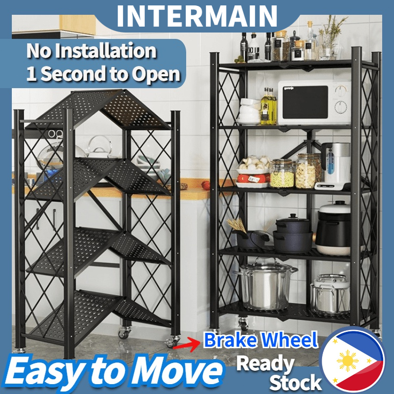 Foldable Storage Rack With Wheels Movable Rack Kitchen Rack Microwave ...