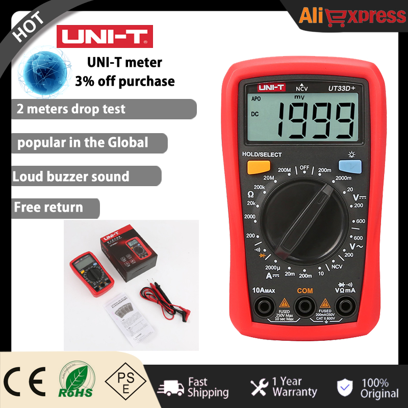 UNI-T UT33D+ Mini Digital Multimeter 600V NCV Manual Range Voltmeter ...