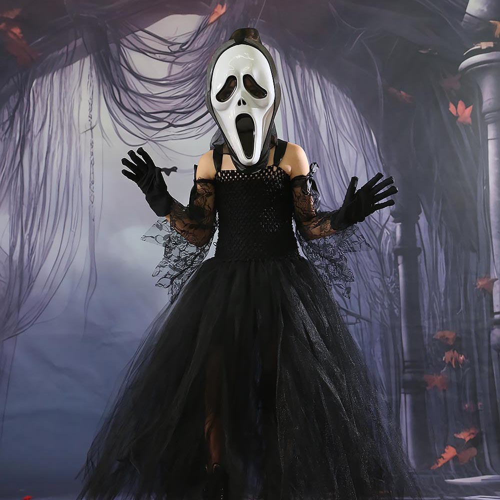 Halloween Ghost Face Scream Cosplay Girls Black Dress Costume Scary ...