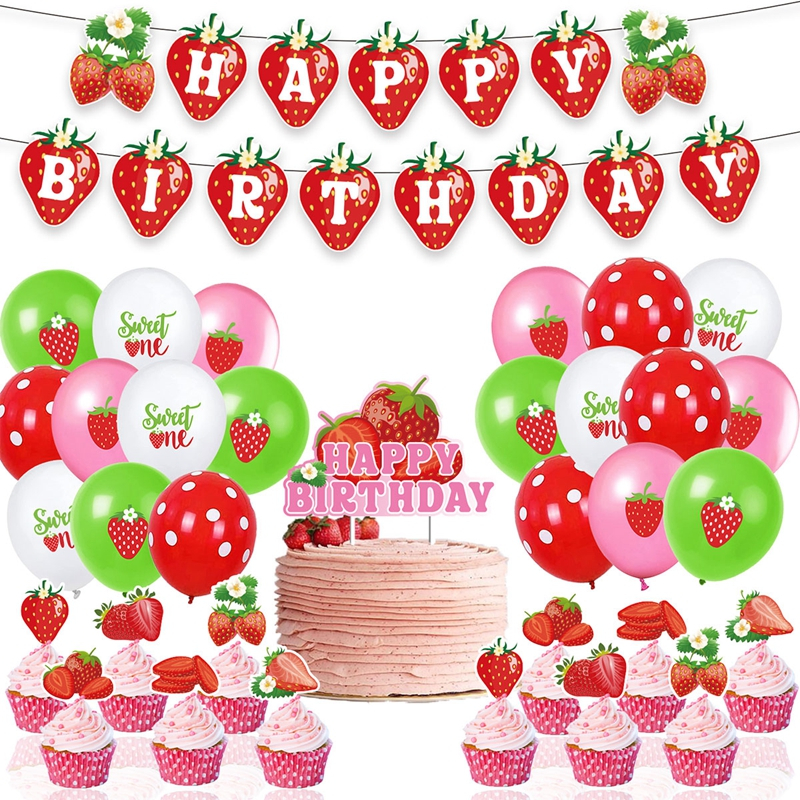 Strawberry Theme Birthday Banner Happy Birthday Flag Letter Backdrop ...