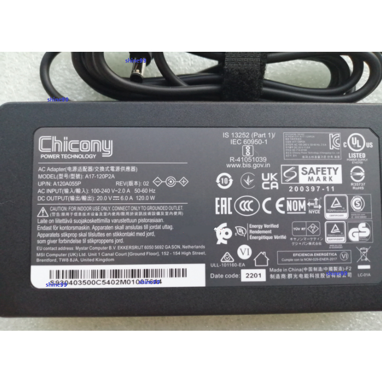 Original Chicony MSI 120W 20V 6A AC Adapter for MSI GF63 Thin 10SC-1415CA A17-120P2A power ...